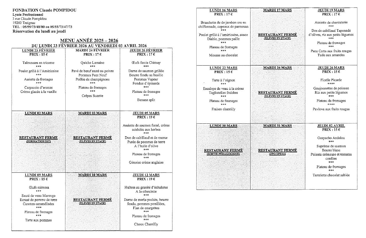 Menu lycée hôtelier restaurant "les Mille Saveurs"